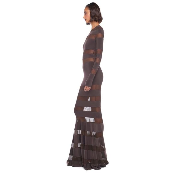 Norma Kamali | Dresses | Nwt Norma Kamali Long Sleeve Spliced Meshstriped Fishtail Gown ...